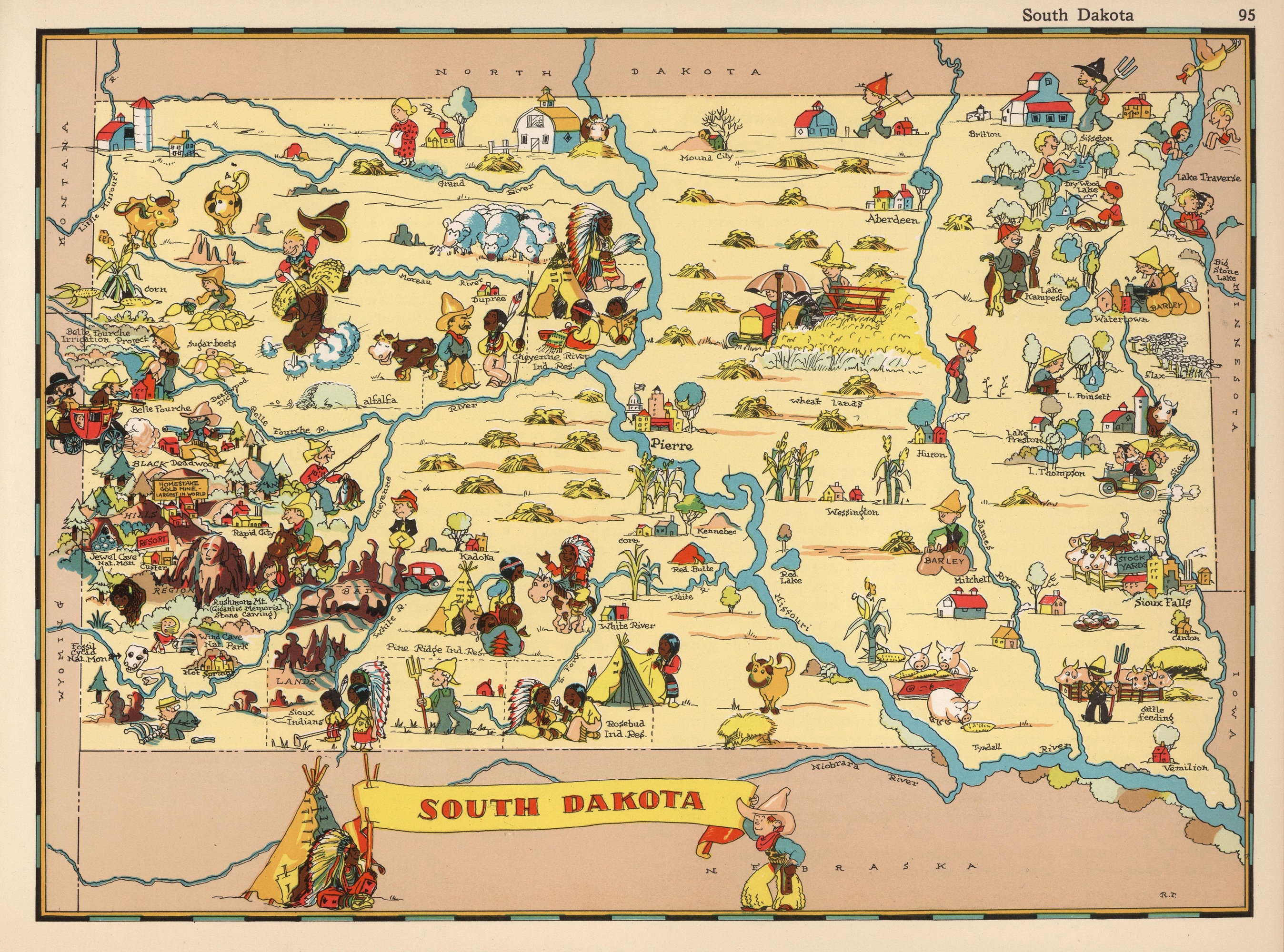 1930's Vintage SOUTH DAKOTA State Map Cartoon Print | Etsy