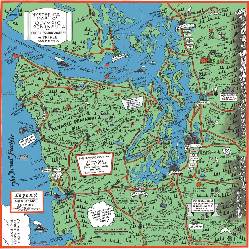 Hysterical Map of OLYMPIC PENINSULA and Puget Sound by Jolly Lindgren ...