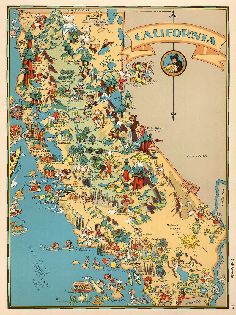 1930's Vintage California State Map Cartoon Map Print Gallery Wall Art ...