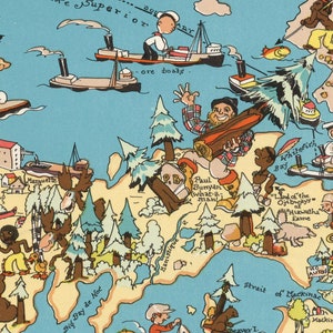 1930's Vintage MICHIGAN State Map Cartoon Map Print Gallery Wall Art ...