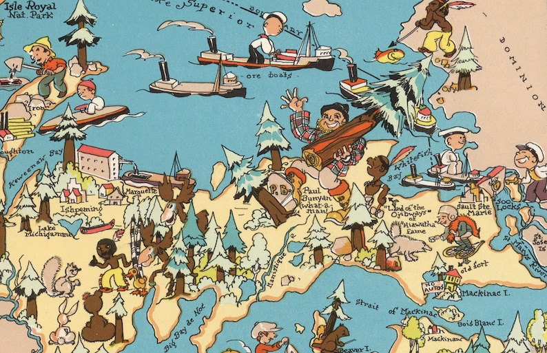 1930's Vintage MICHIGAN State Map Cartoon Map Print | Etsy