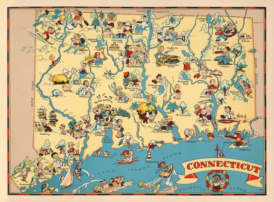 1930's Vintage CONNECTICUT Map Cartoon Map Print Gallery Wall Art ...