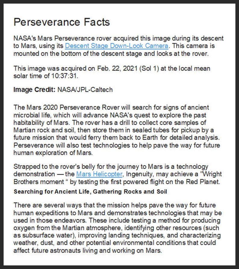 NASA Perseverance Rover Descending to Mars NASA Print Space | Etsy
