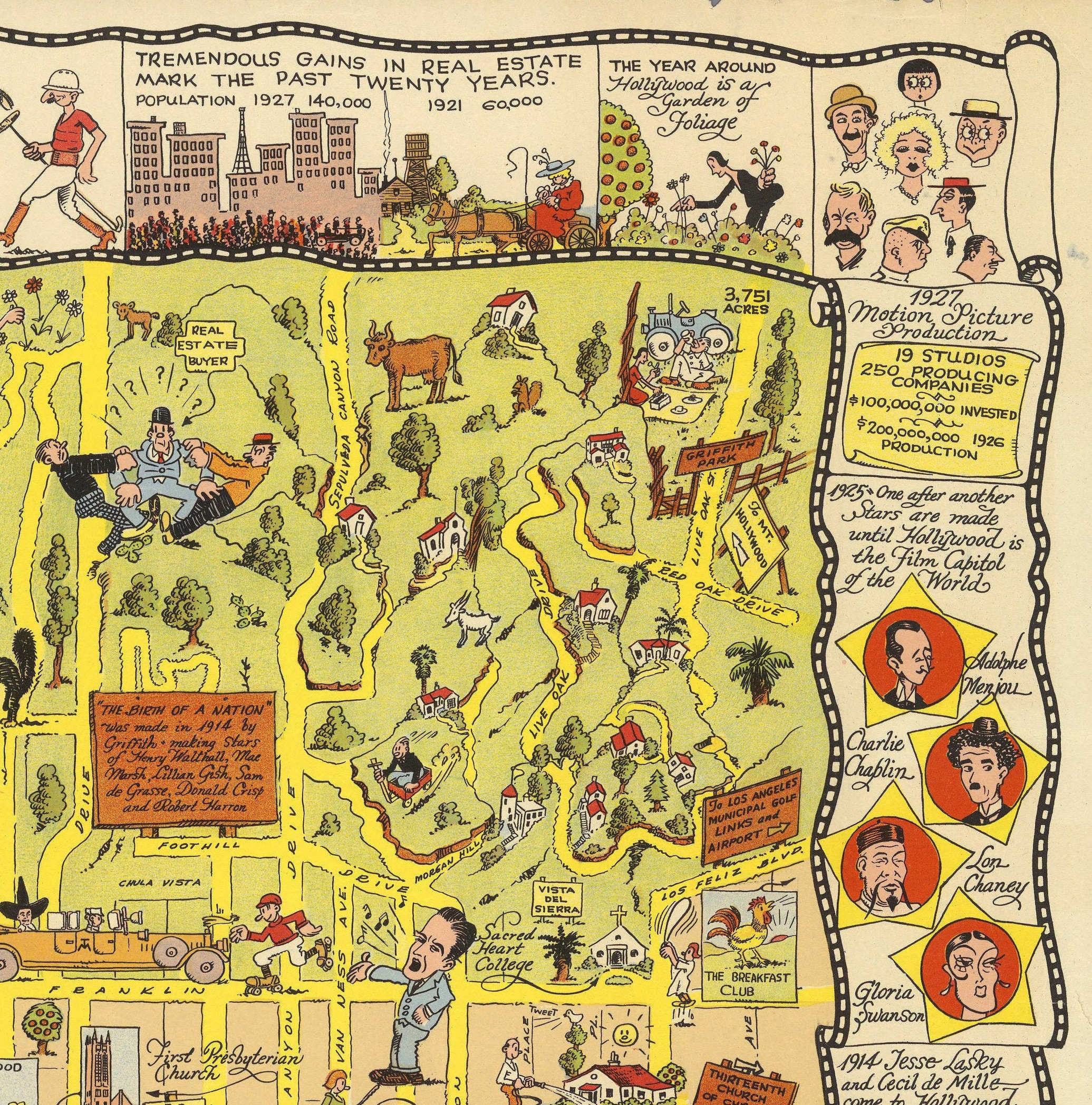 1928 Vintage Hollywood Map History and Movies Cartoon Map California ...