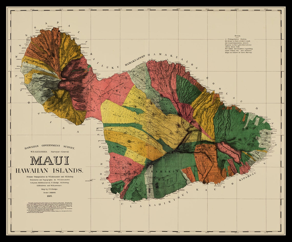Maui Map Vintage Maui Map 1885 Restored Hawaii Map Maui | Etsy