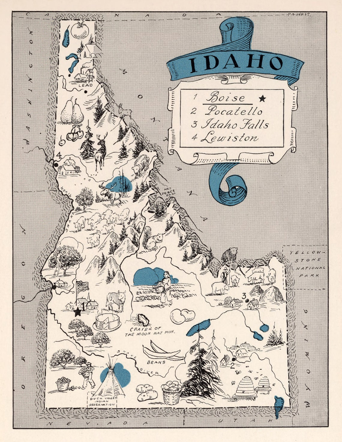 30's Vintage IDAHO State Map Animated Cartoon Map Gallery Wall Art ...