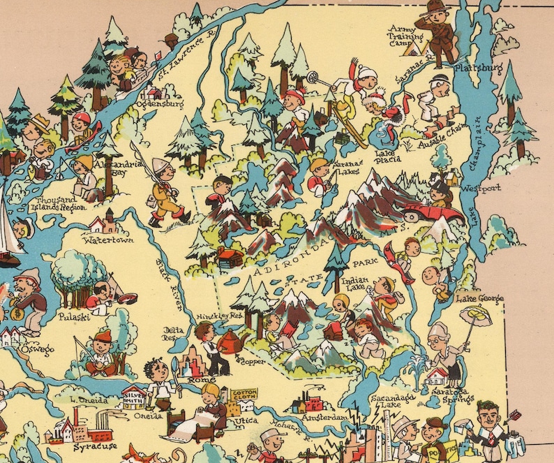 1930's Vintage NEW YORK State Map Cartoon Map Print Gallery Wall Art ...