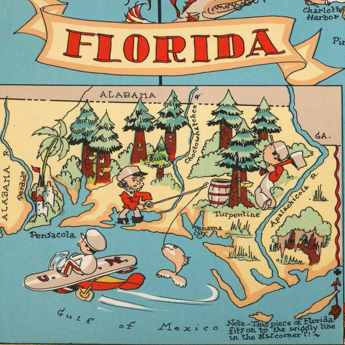 1930's Vintage Florida State Map Cartoon Map Print Gallery | Etsy