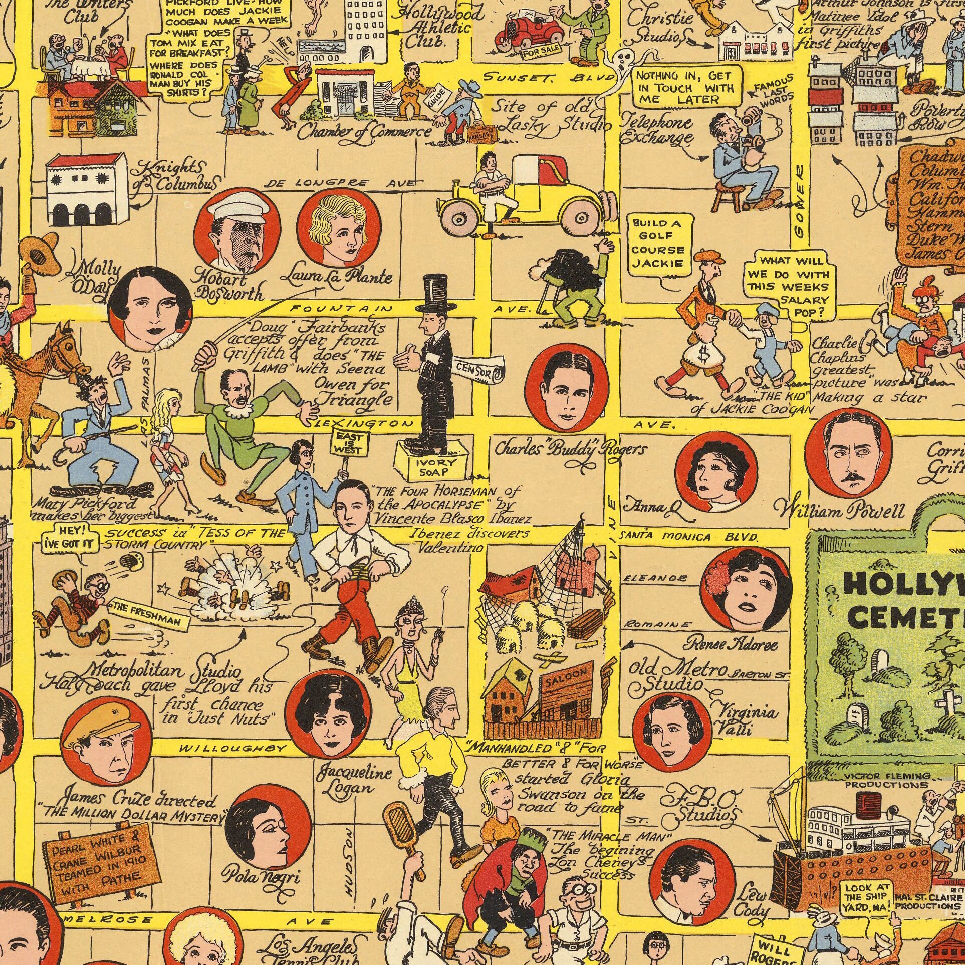 1928 Vintage Hollywood Map History and Movies Cartoon Map California ...