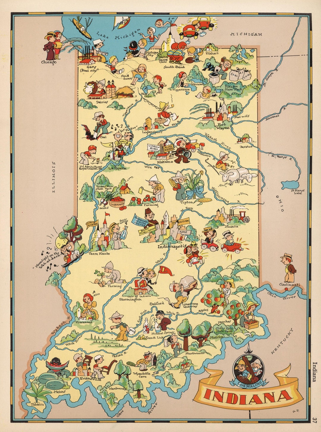 1930's Vintage INDIANA State Map Cartoon Map Print Gallery Wall Art ...