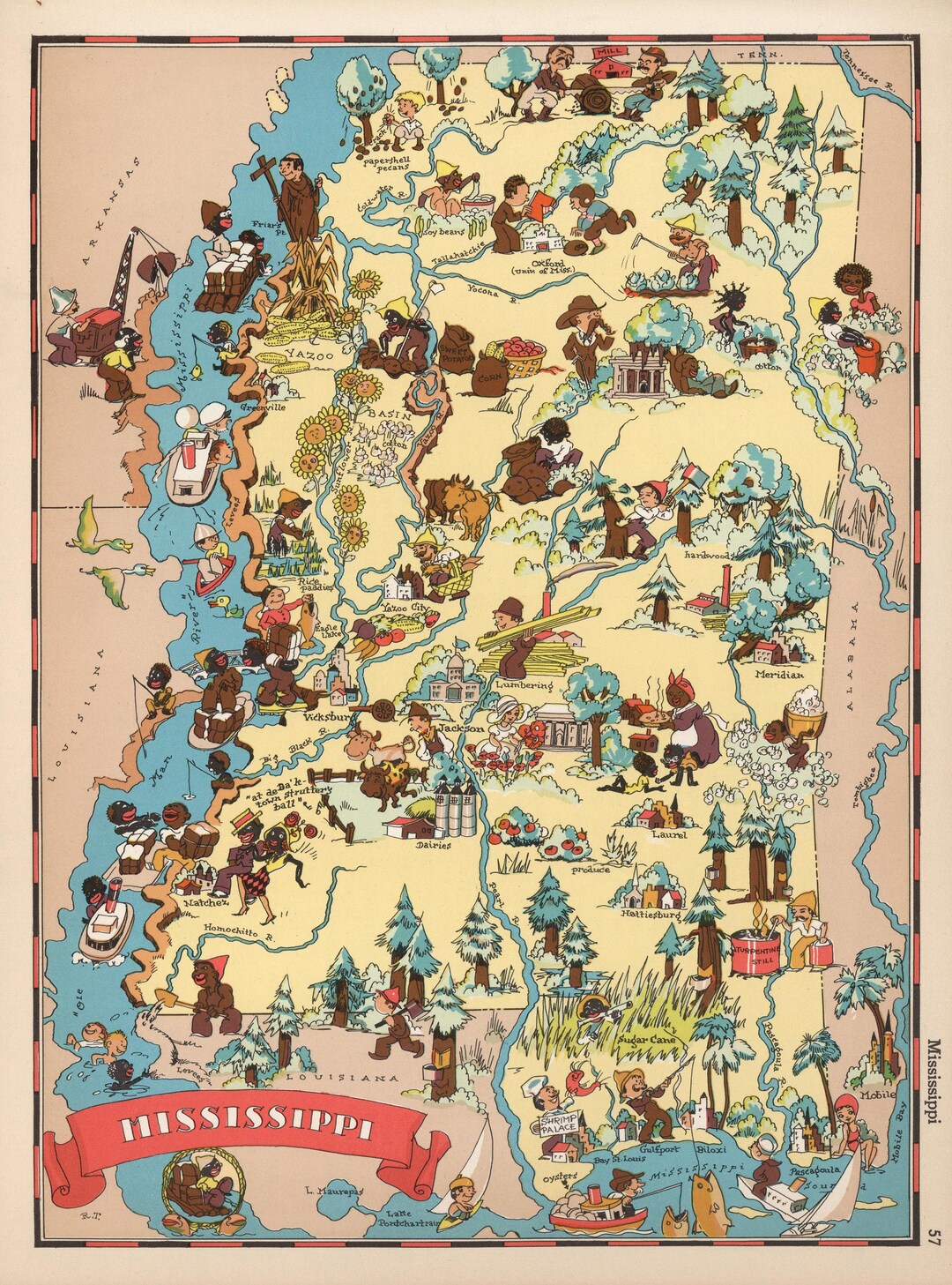1930's Vintage MISSISSIPPI State Map Cartoon Map Print Gallery Wall Art ...