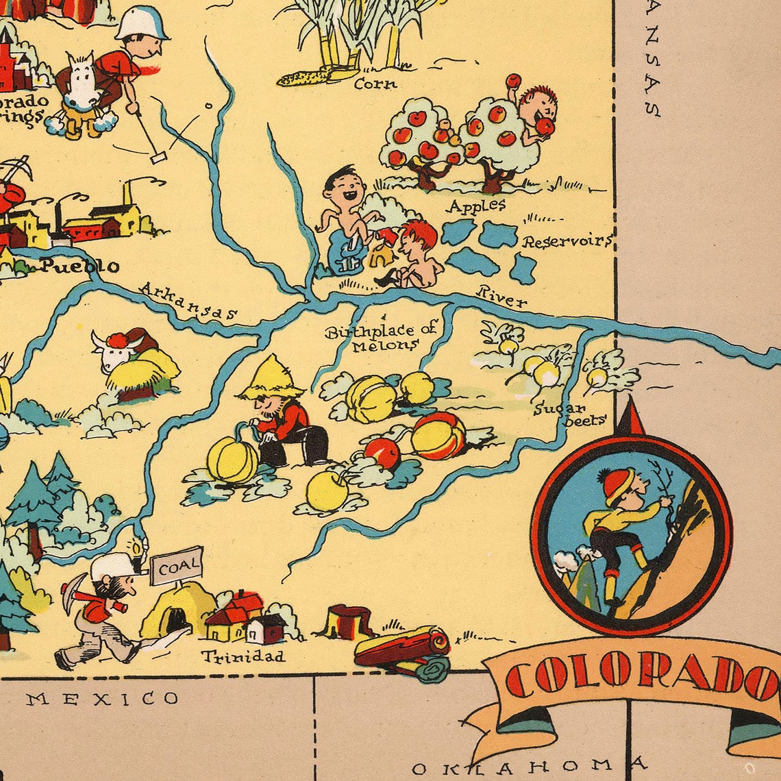 1930's Vintage Colorado State Map Cartoon Map Print Gallery Wall Art ...