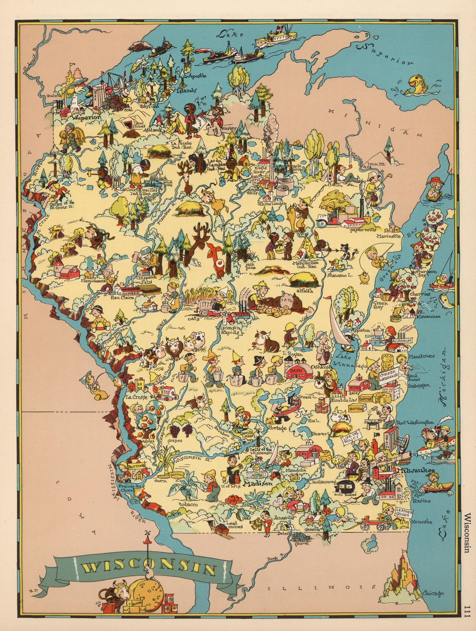 1930's Vintage WISCONSIN State Map Cartoon Print Gallery - Etsy