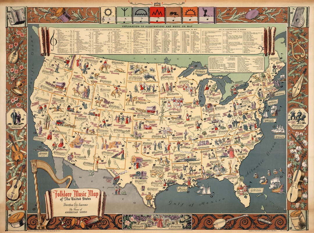 1945 FOLKLORE MUSIC Map Poster Illustrations Map Print Gallery Wall Art ...