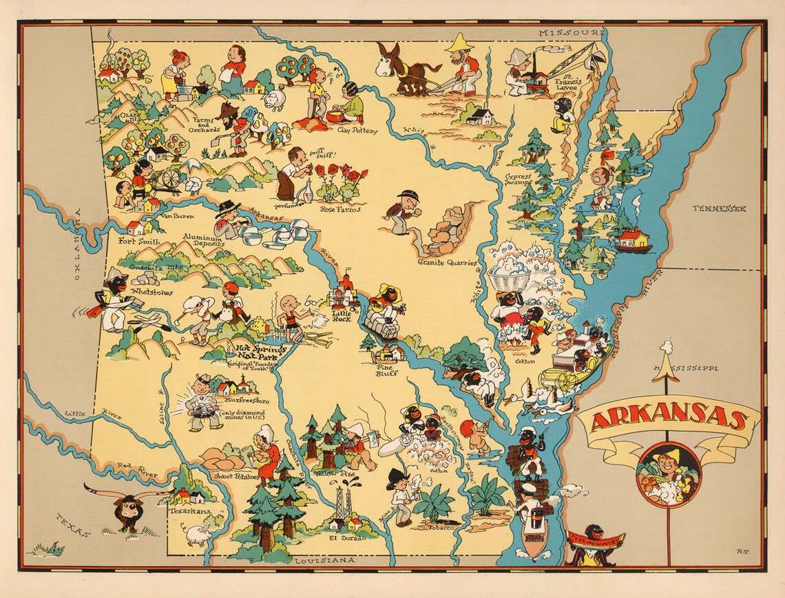 1930's Vintage Arkansas State Map Cartoon Map Print - Etsy