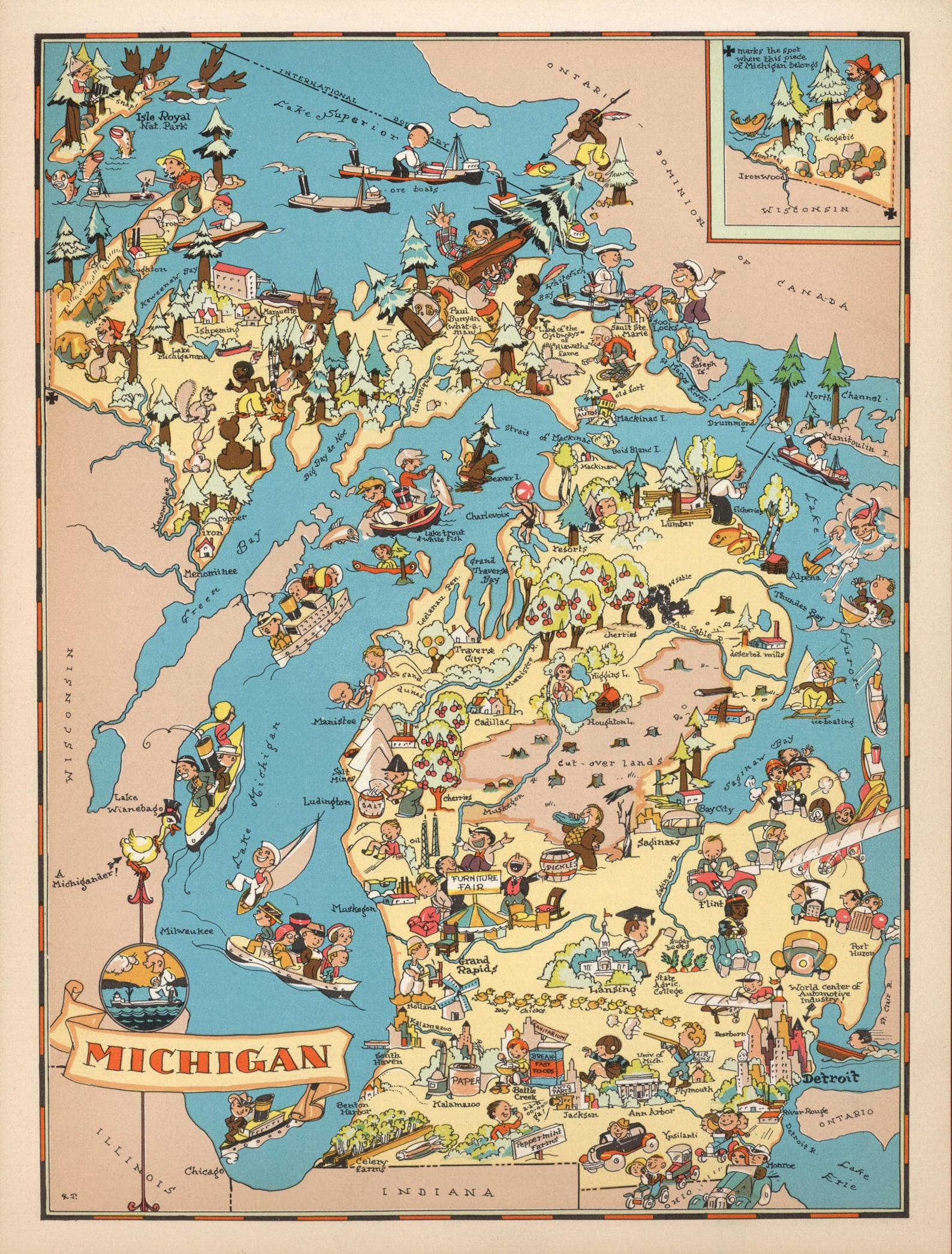 1930's Vintage MICHIGAN State Map Cartoon Map Print | Etsy