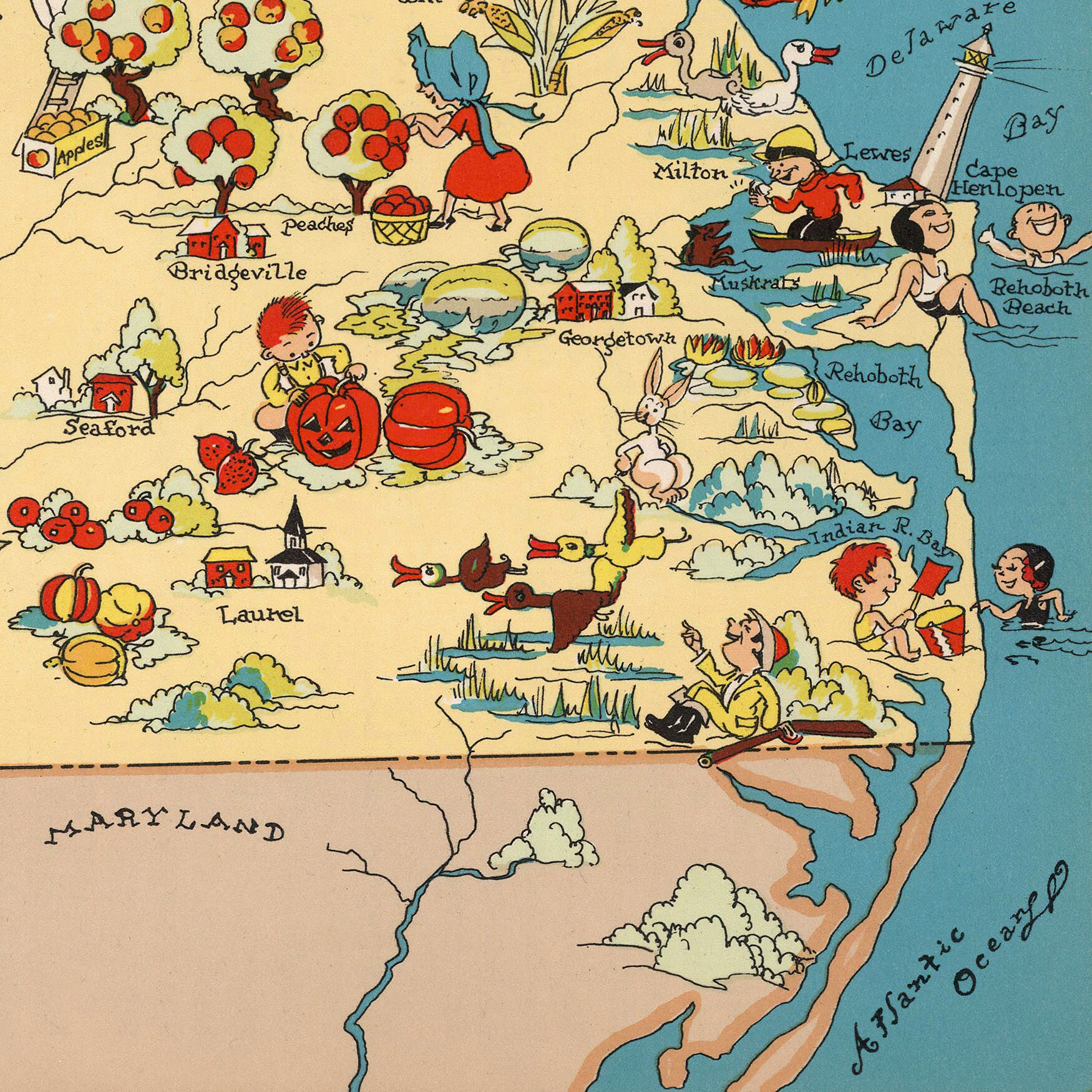 1930's Vintage DELAWARE State Map Cartoon Map Print Gallery Wall Art ...