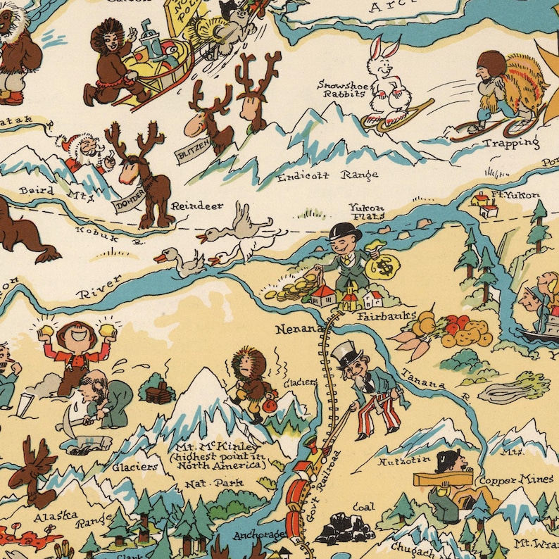 1930's Vintage ALASKA State Map Cartoon Map Print Gallery - Etsy