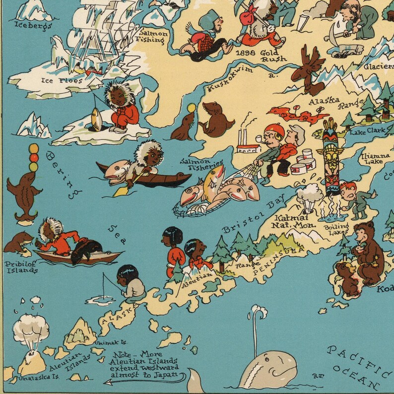 1930's Vintage ALASKA State Map Cartoon Map Print Gallery - Etsy