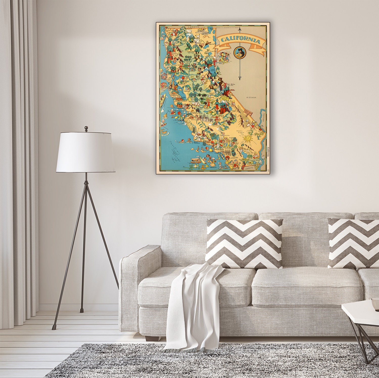 1930's Vintage California State Map Cartoon Map Print Gallery Wall Art ...