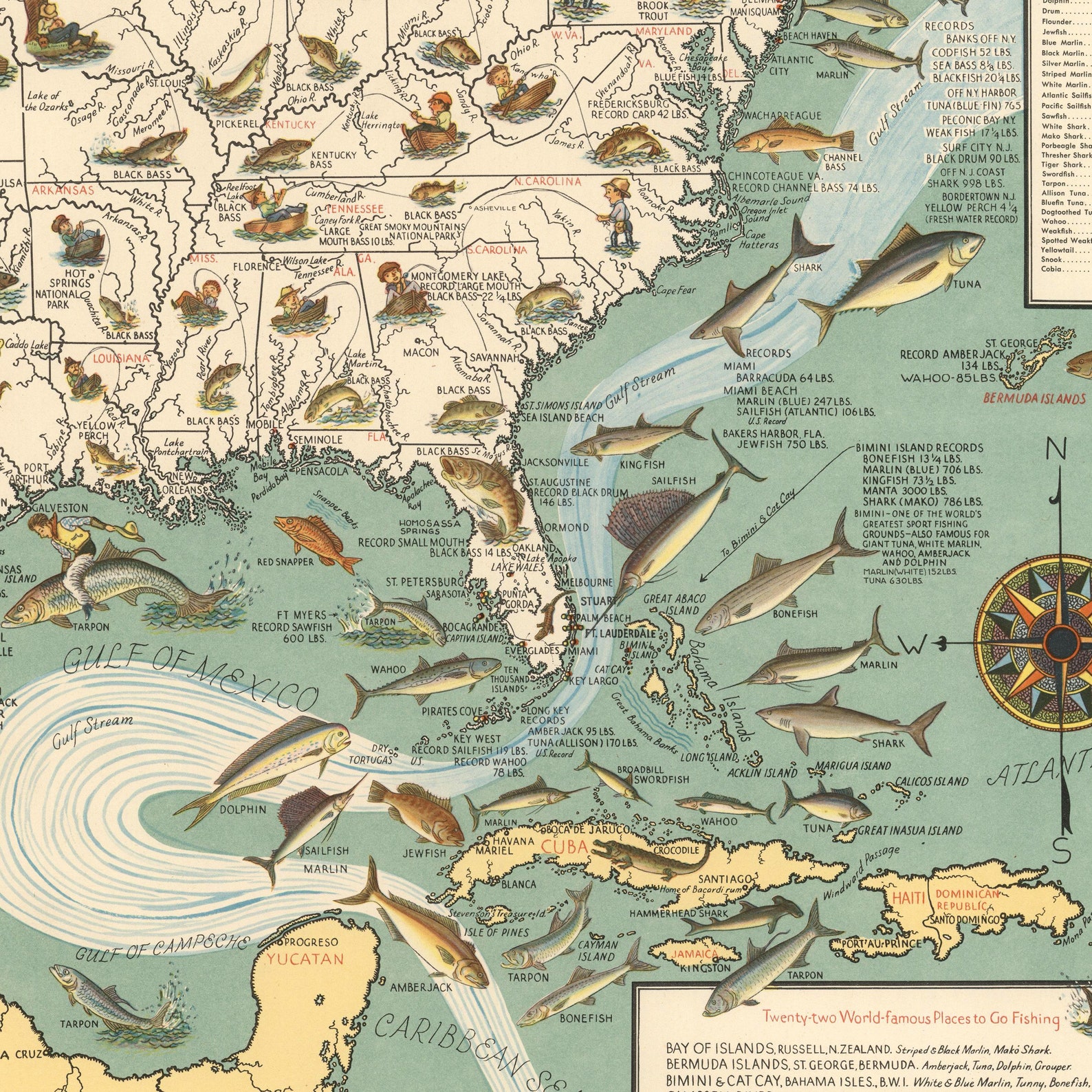 BIG Game FISH Map 1936 Fish Map of the United States, Salt and Fresh ...