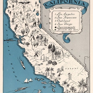 1930's Vintage CALIFORNIA State Map Animated Cartoon Map Gallery Wall ...
