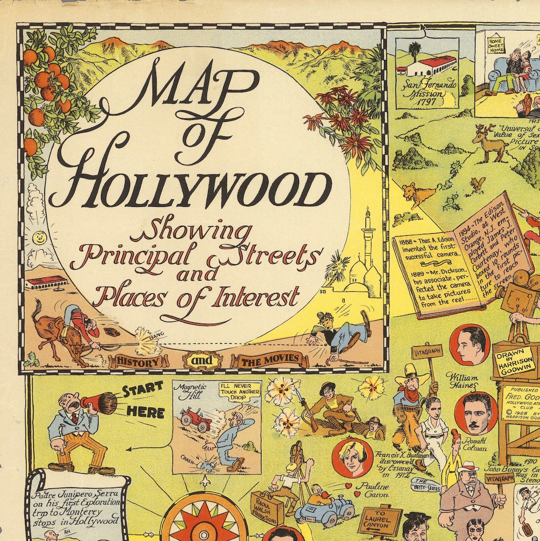 1928 Vintage Hollywood Map History and Movies Cartoon Map California ...