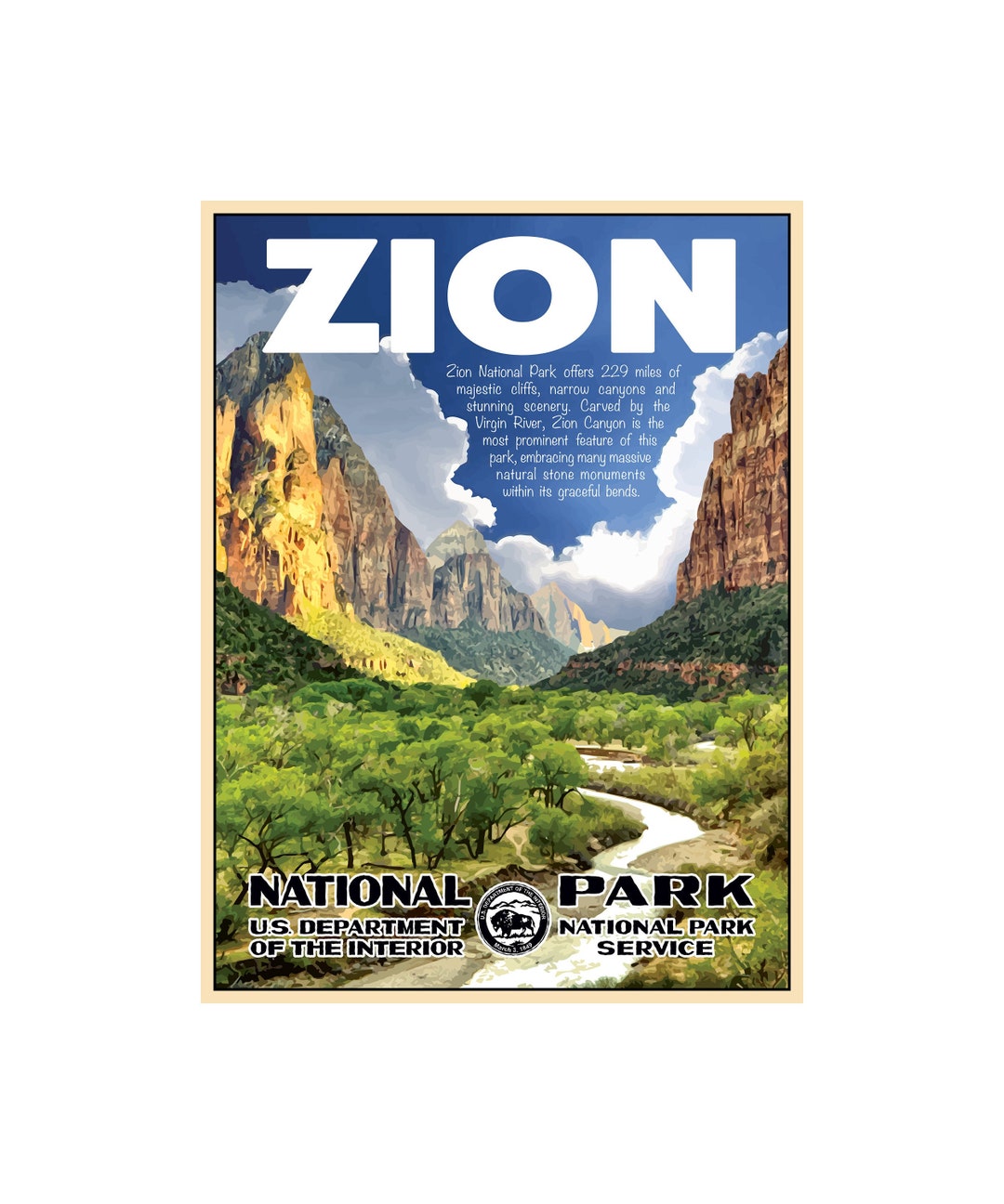 ZION National Park Utah Vintage Poster Print National Park Service ...