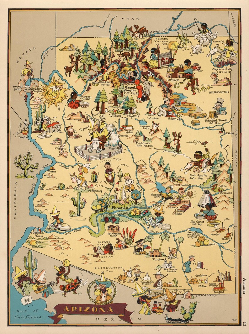 1930's Vintage ARIZONA State Map Cartoon Map Print Gallery | Etsy