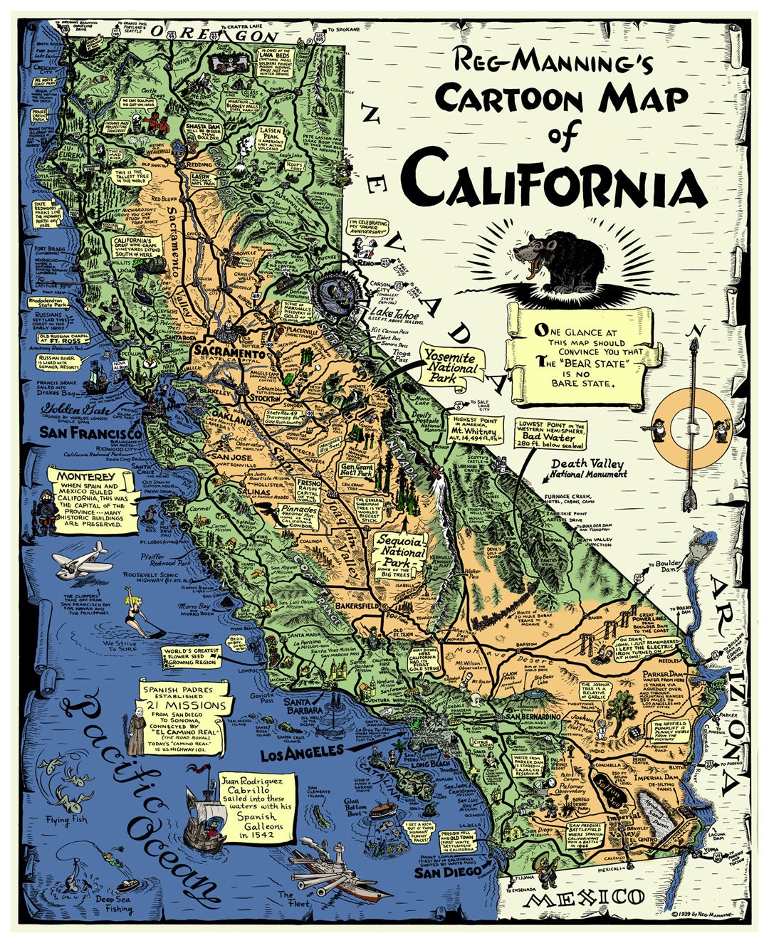Reg Manning 1930's Vintage California State Map Cartoon Map Print ...
