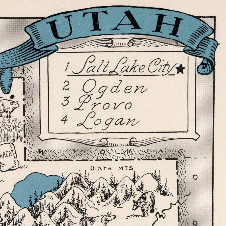 1930's Vintage UTAH State Map Animated Cartoon Map Gallery | Etsy