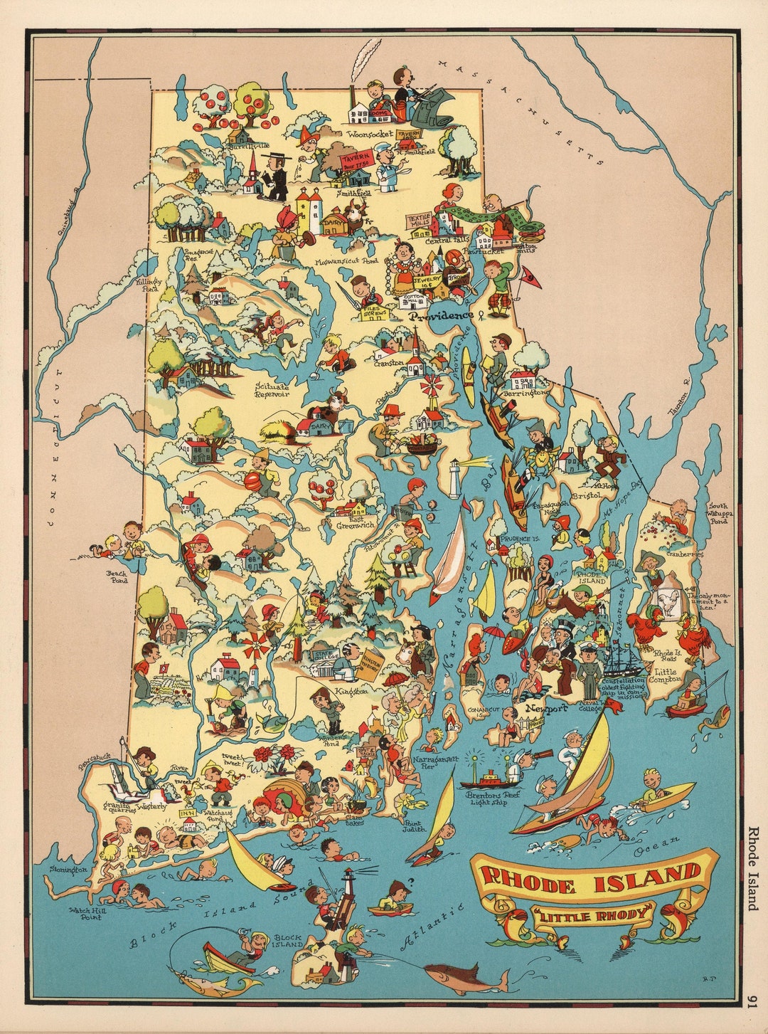 1930's Vintage RHODE ISLAND State Map Cartoon Print Gallery Wall Art ...