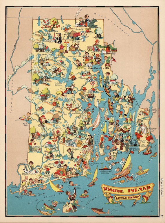 1930's Vintage RHODE ISLAND State Map Cartoon Print - Etsy