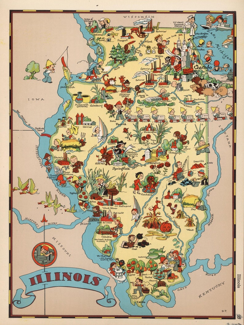1930's Vintage ILLINOIS State Map Cartoon Map Print | Etsy