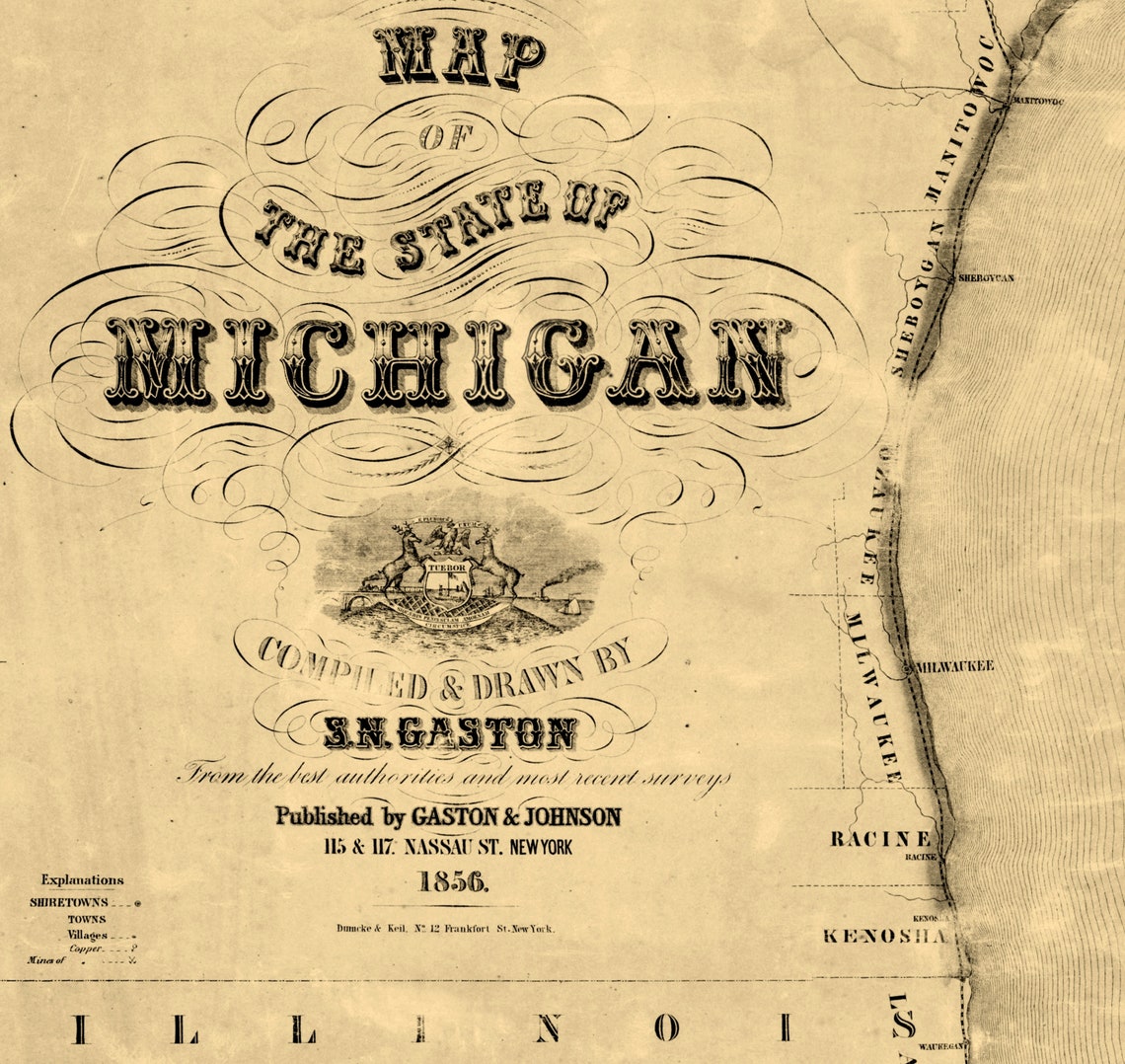 Vintage Michigan Map 1856 Old Map of Michigan Old Antique Style ...