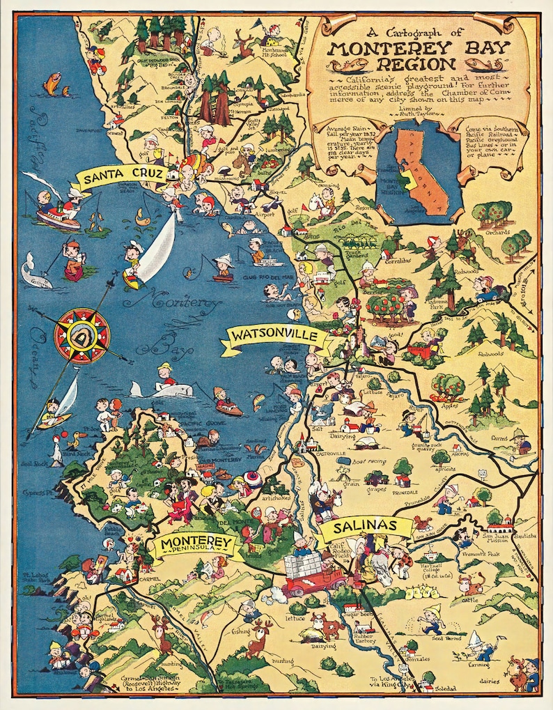 MONTEREY BAY Region Cartograph Poster, Vintage California Map ...