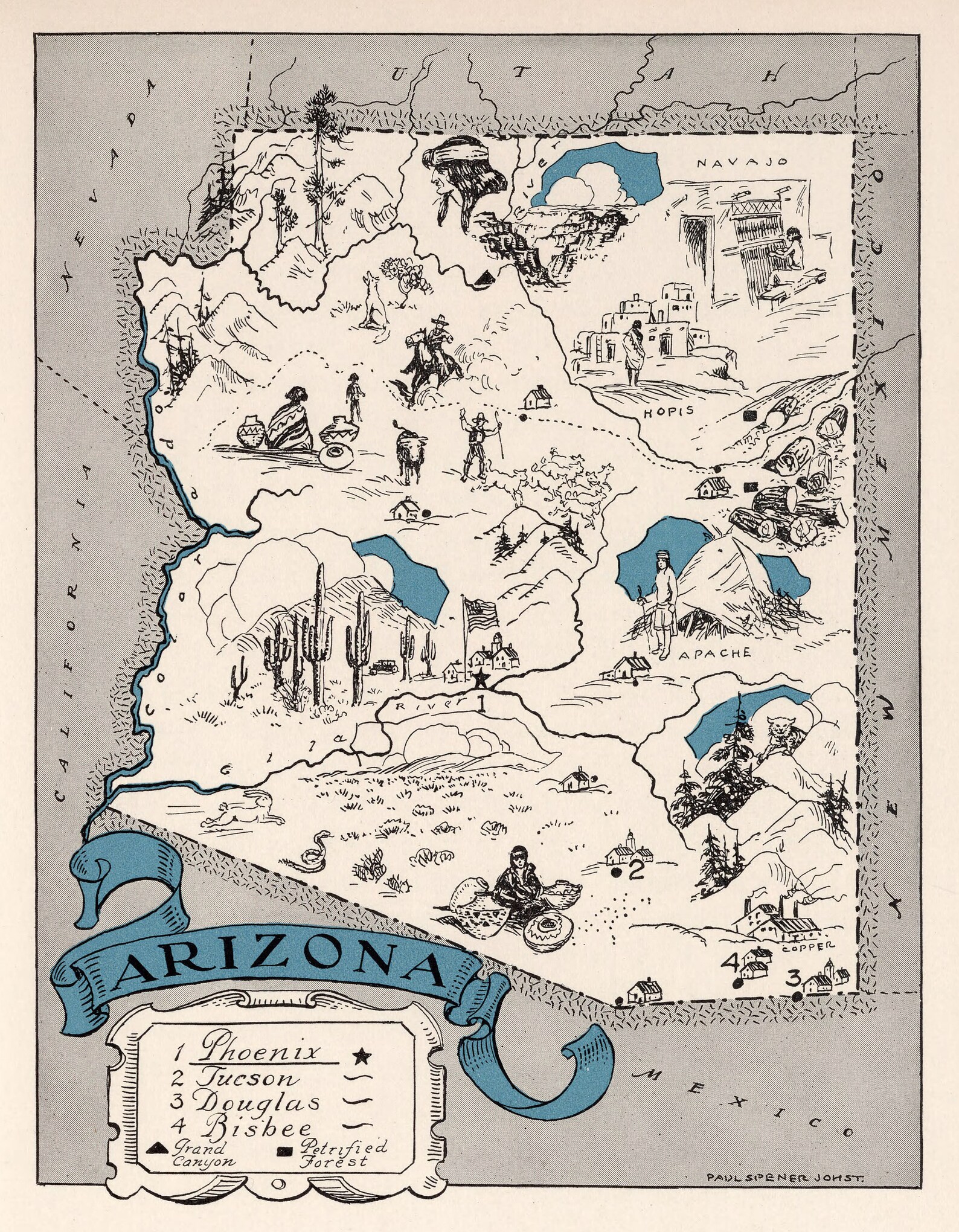 30's Vintage ARIZONA State Map Animated Cartoon Map - Etsy