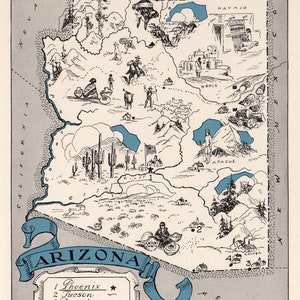 30's Vintage ARIZONA State Map Animated Cartoon Map Gallery Wall ...