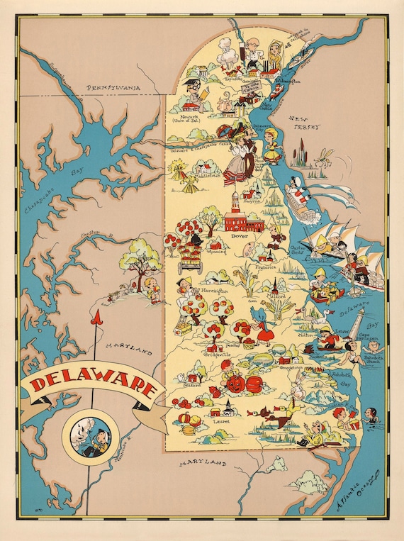 1930's Vintage DELAWARE State Map Cartoon Map Print | Etsy