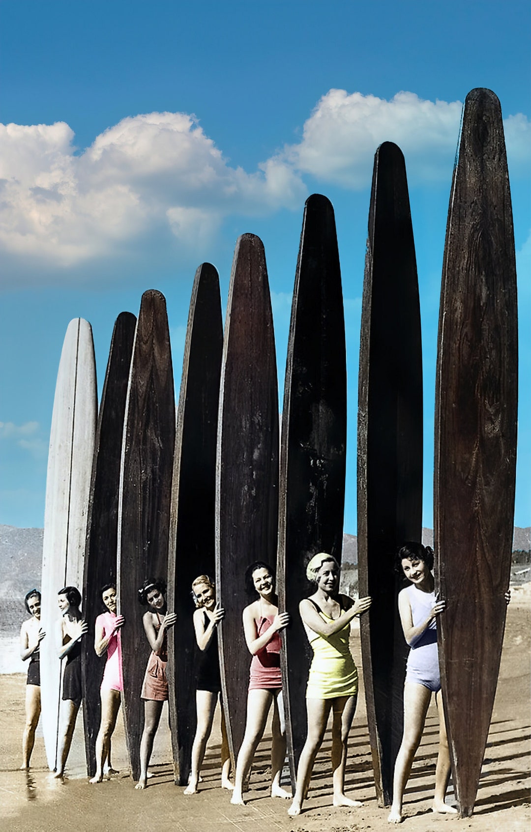 Vintage Surfer Girls Colorized Poster Girls Surfing With Longboard ...