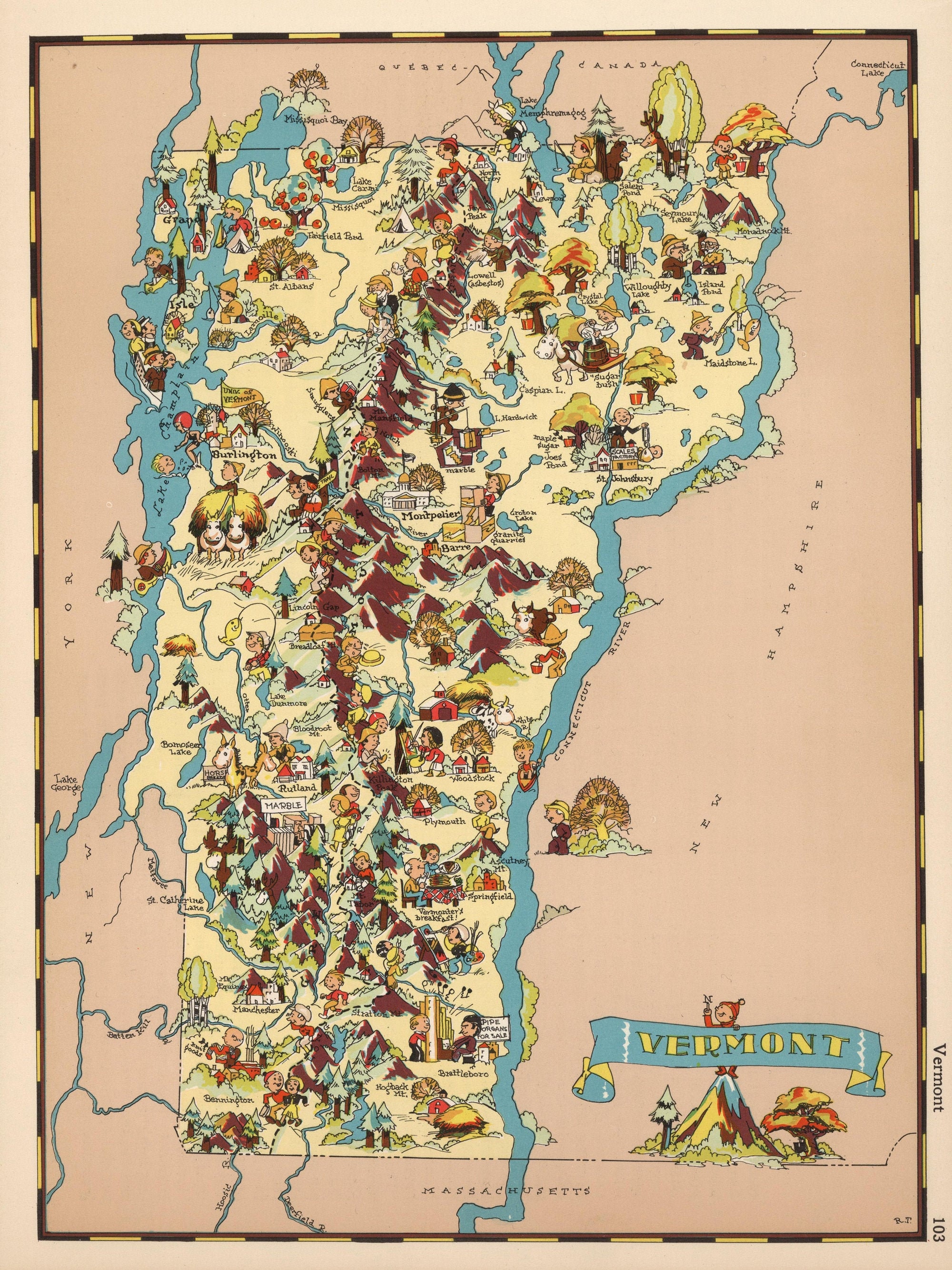 1930's Vintage VERMONT State Map Cartoon Print Gallery Wall Art ...