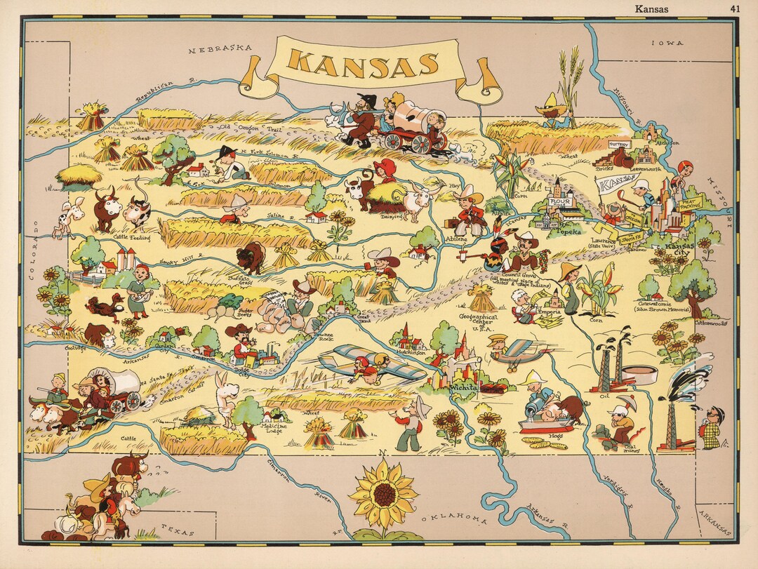 1930's Vintage KANSAS State Map Cartoon Map Print Gallery Wall Art ...