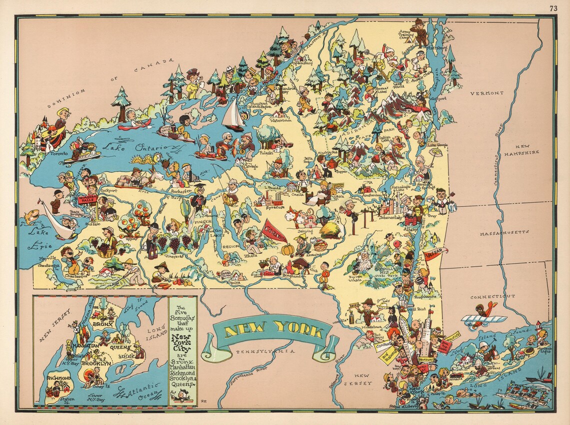 1930's Vintage NEW YORK State Map Cartoon Map Print Gallery Wall Art ...