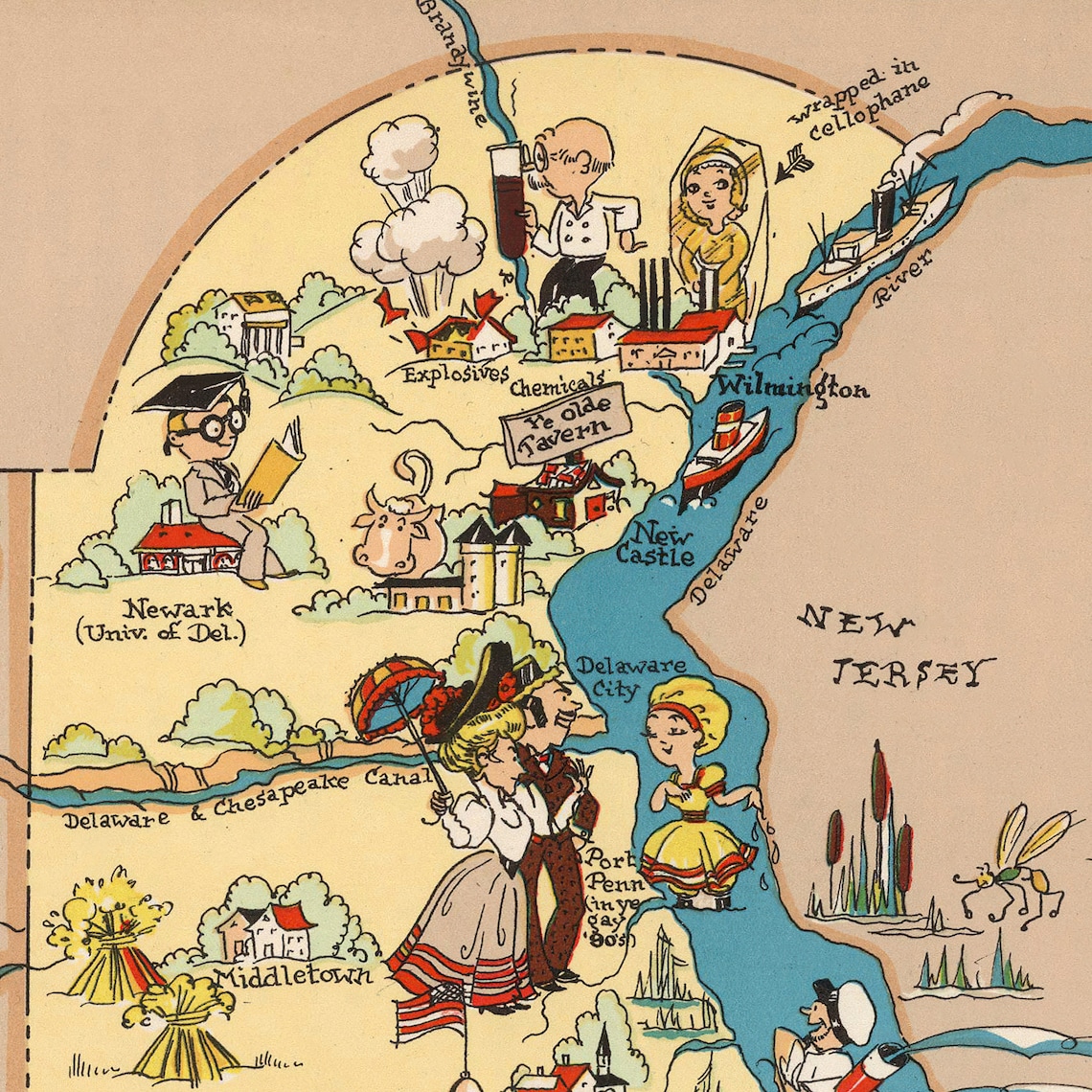 1930's Vintage DELAWARE State Map Cartoon Map Print | Etsy