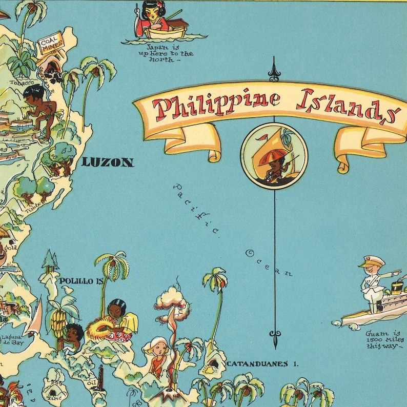 1930's Vintage PHILIPPINE ISLAND Map Cartoon Map Print Gallery Wall Art ...