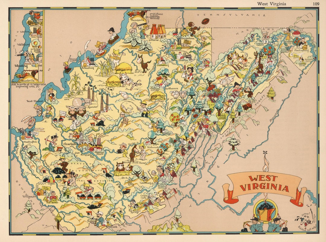 1930's Vintage WEST VIRGINIA State Map Cartoon Print Gallery Wall Art ...