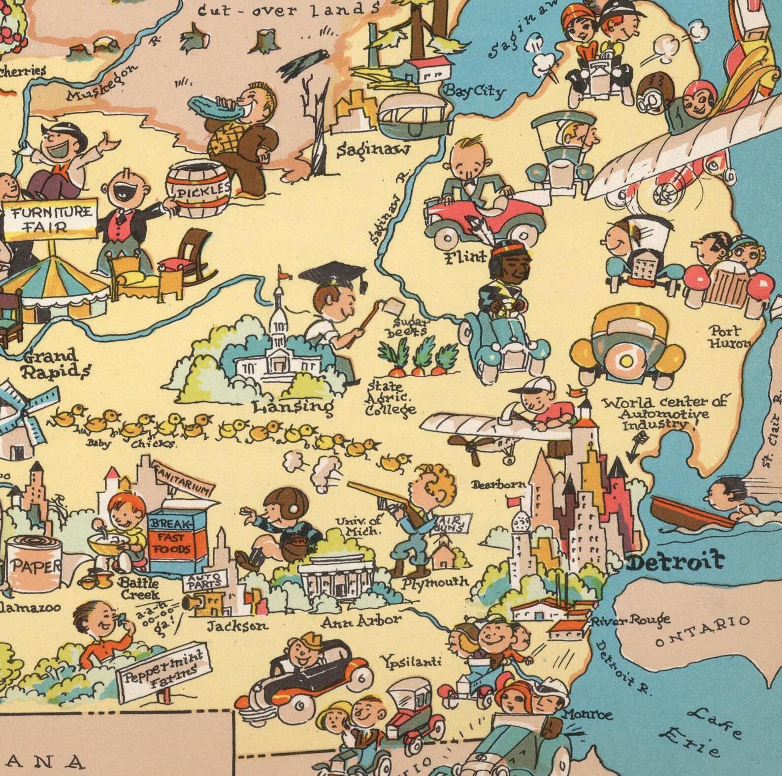 1930's Vintage MICHIGAN State Map Cartoon Map Print Gallery Wall Art ...