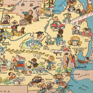 1930's Vintage MICHIGAN State Map Cartoon Map Print Gallery Wall Art ...