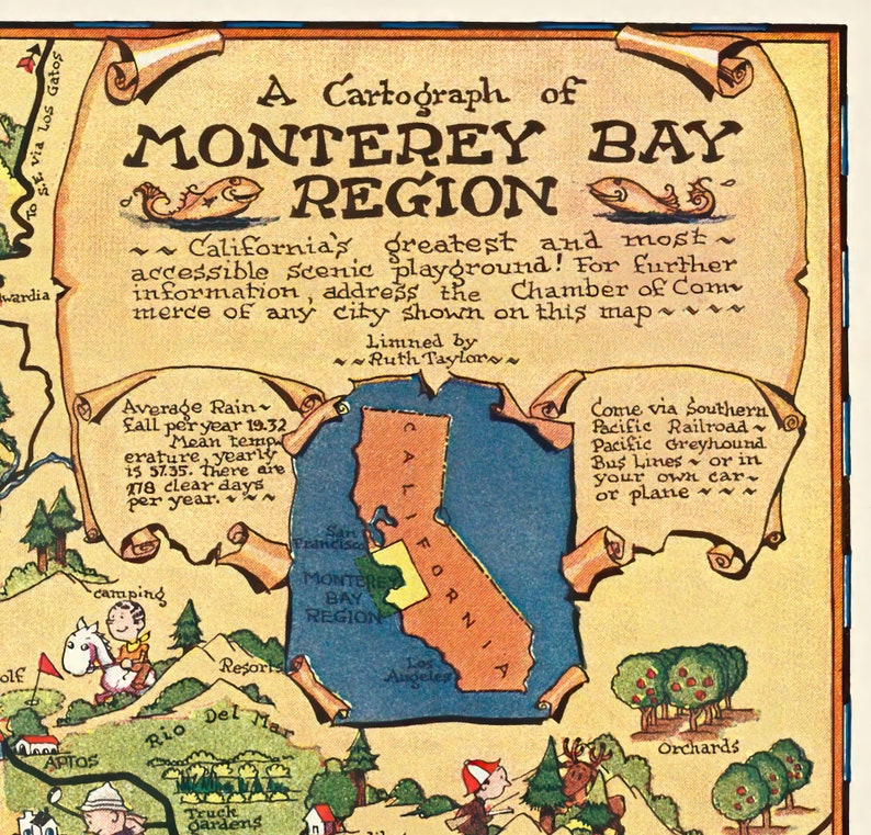 MONTEREY BAY Region Cartograph Poster Vintage California Map | Etsy