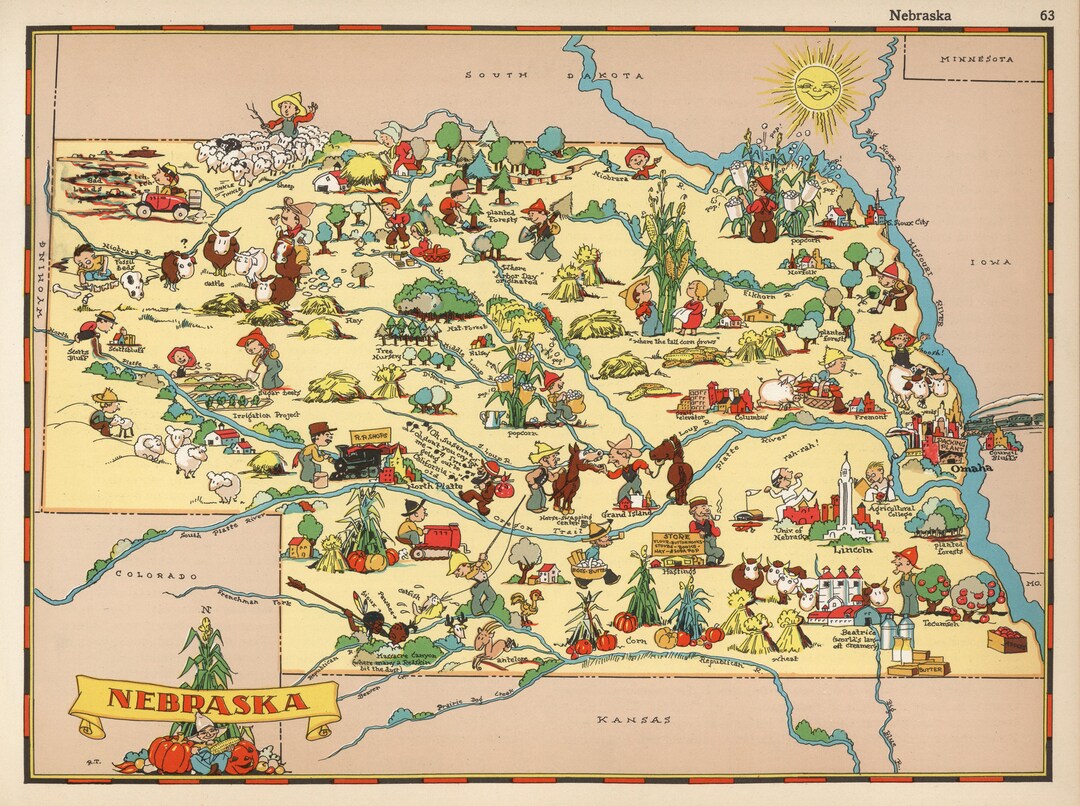 1930's Vintage NEBRASKA State Map Cartoon Map Print Gallery Wall Art ...